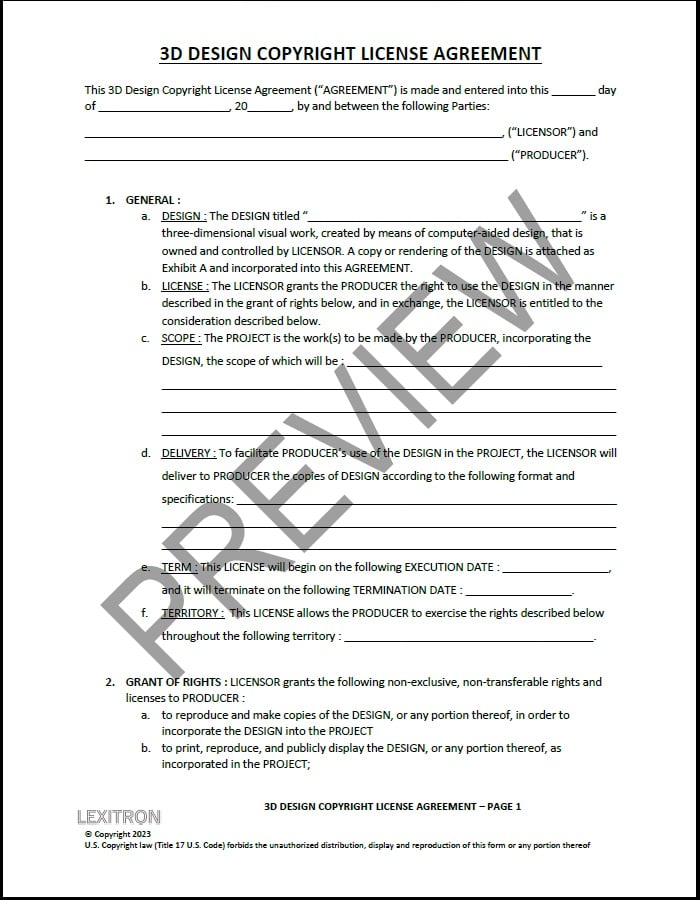 3D Printing Design Copyright License Agreement