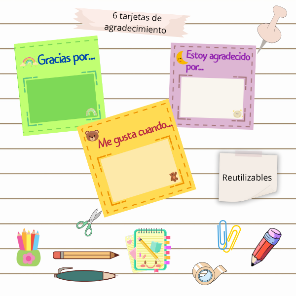 Tarjetas de Gratitud para Niños – 6 Diseños Coloridos y Reutilizables