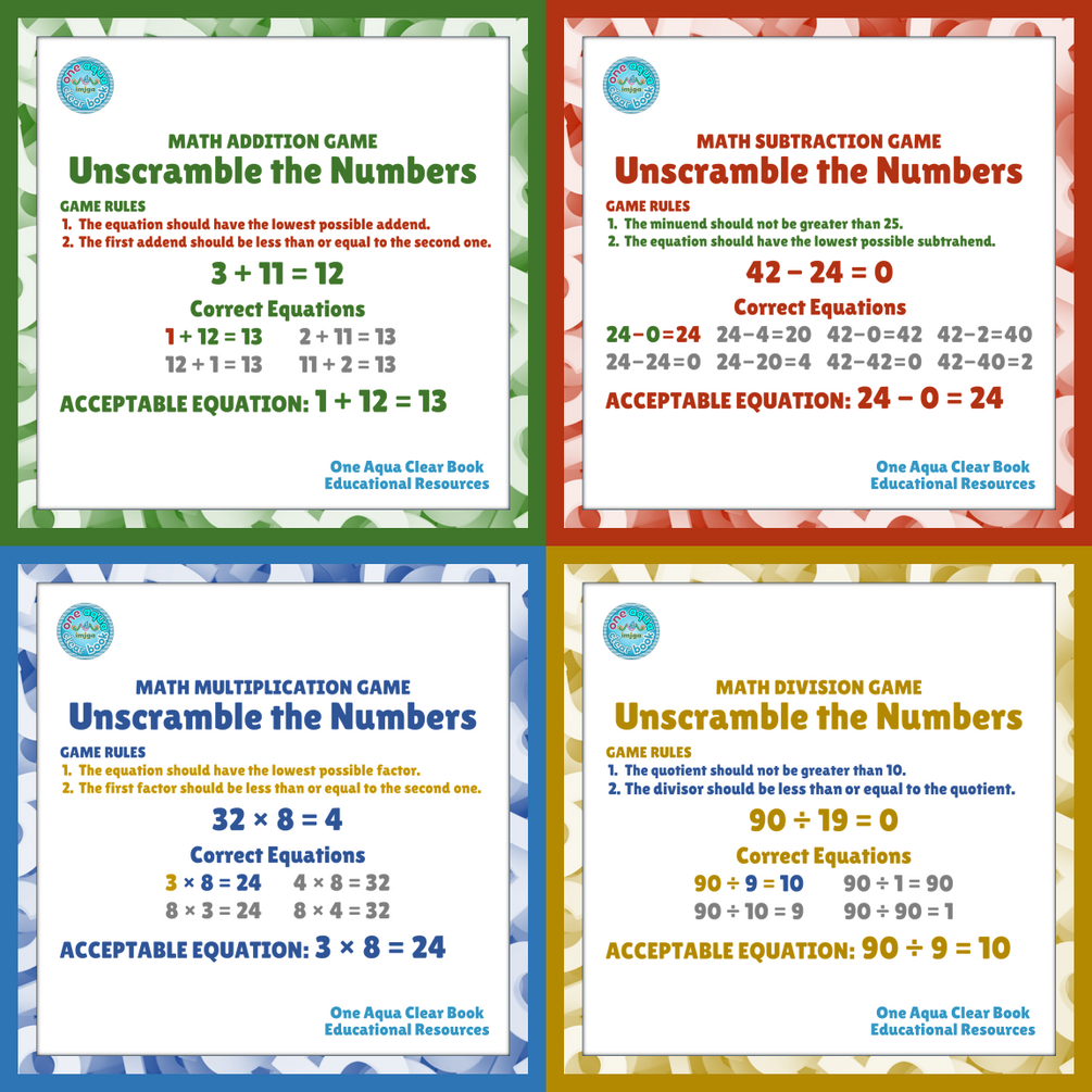 128 Math Addition, Subtraction, Multiplication, and Division Game Task ...