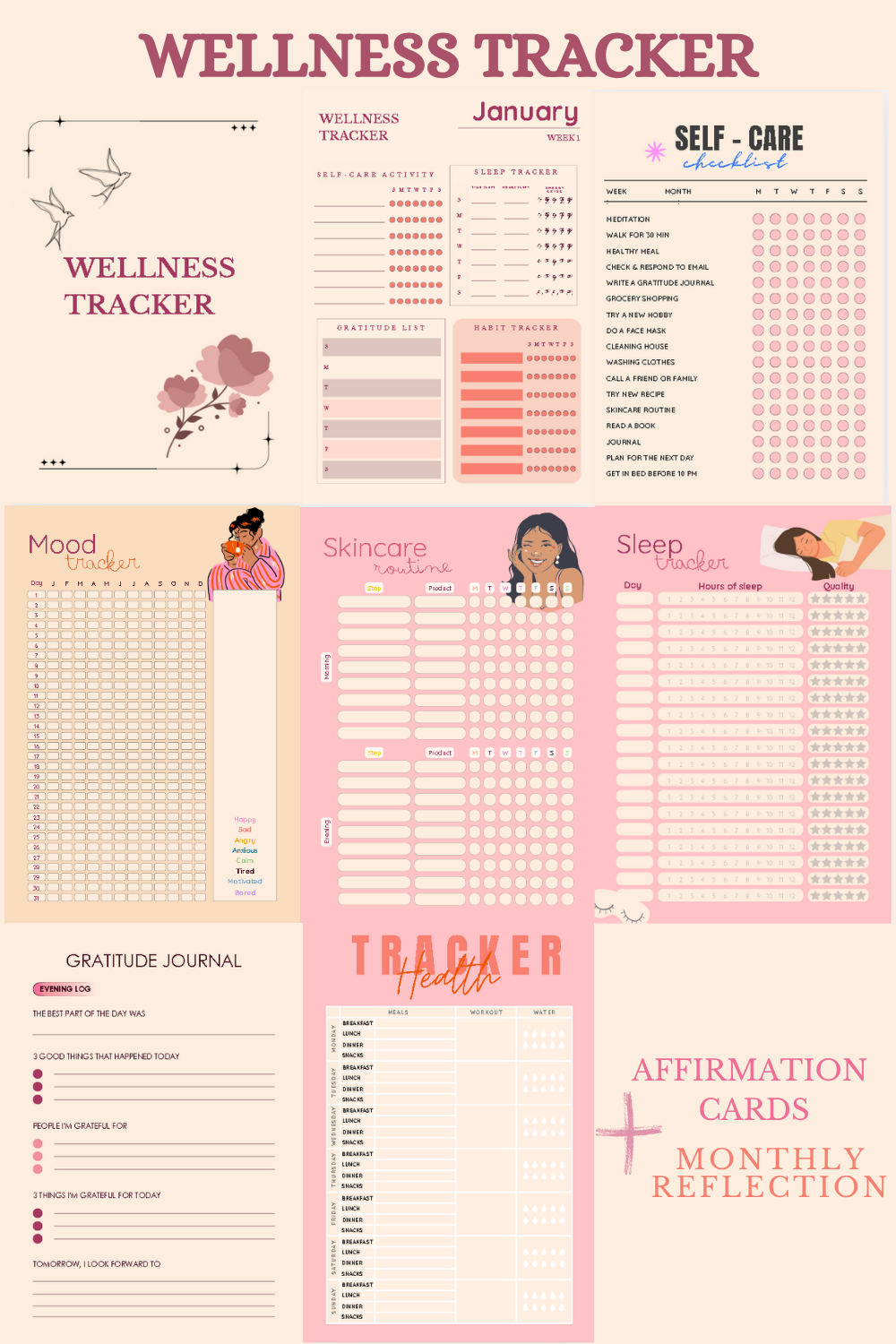 Aesthetic Wellness Tracker for Daily Self-Care & Health Goals"