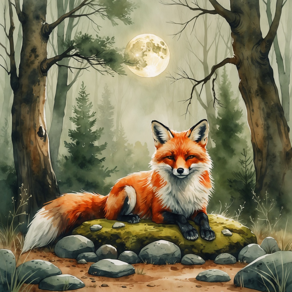 Fox Under Moonlight – Watercolor Forest Animal Printable Art