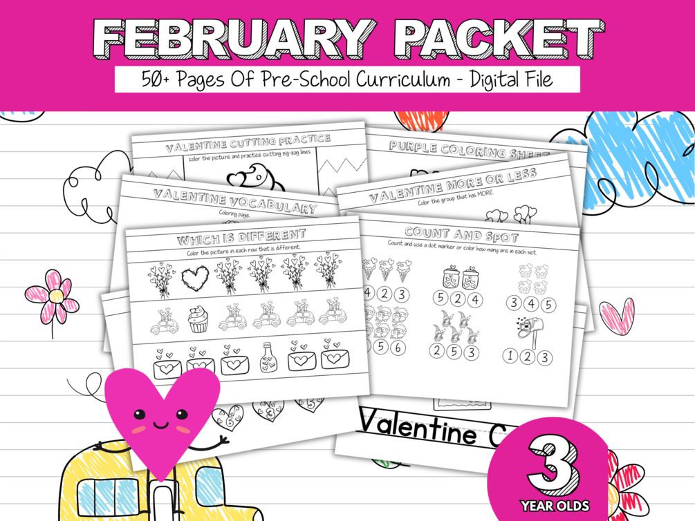 Preschool February Packet Age 3, Valentine's Day, Pre K Curriculum ...