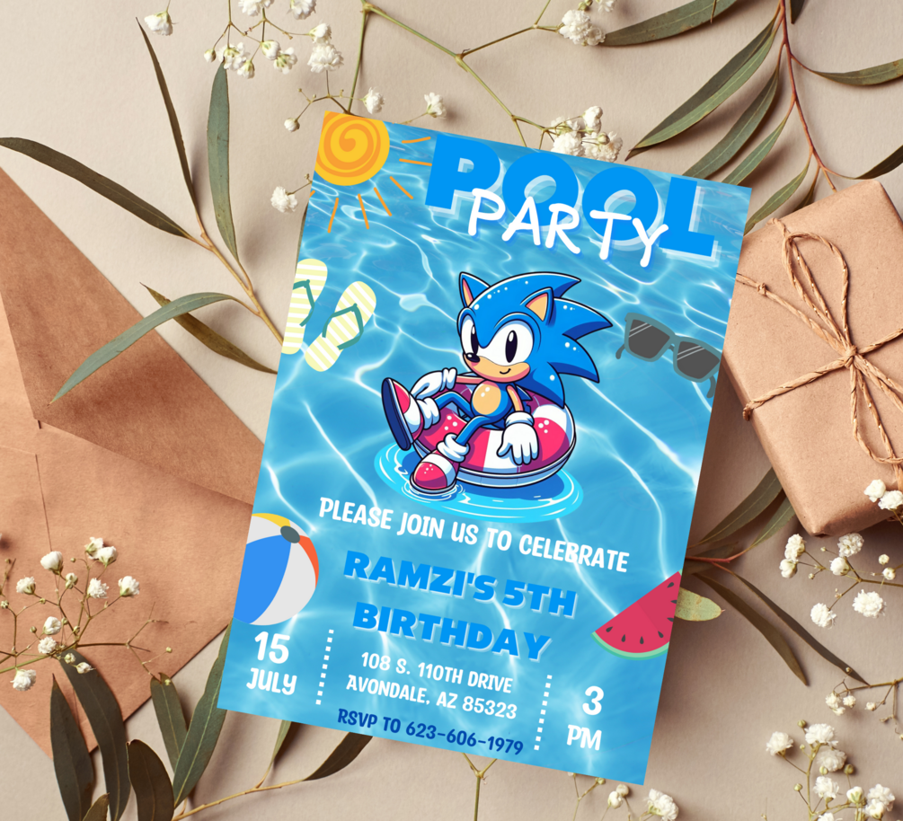 Sonic Pool Birthday Invitation | Fast & Fun Customizable Party Invite