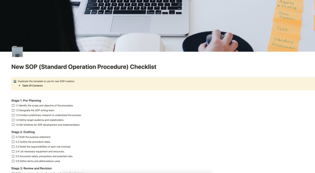 Notion - New SOP (Standard Operating Procedures) Checklist Template