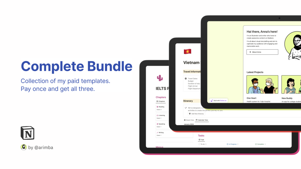 Complete Notion Bundle: Ultimate Travel, IELTS Success, & Personal Portfolio