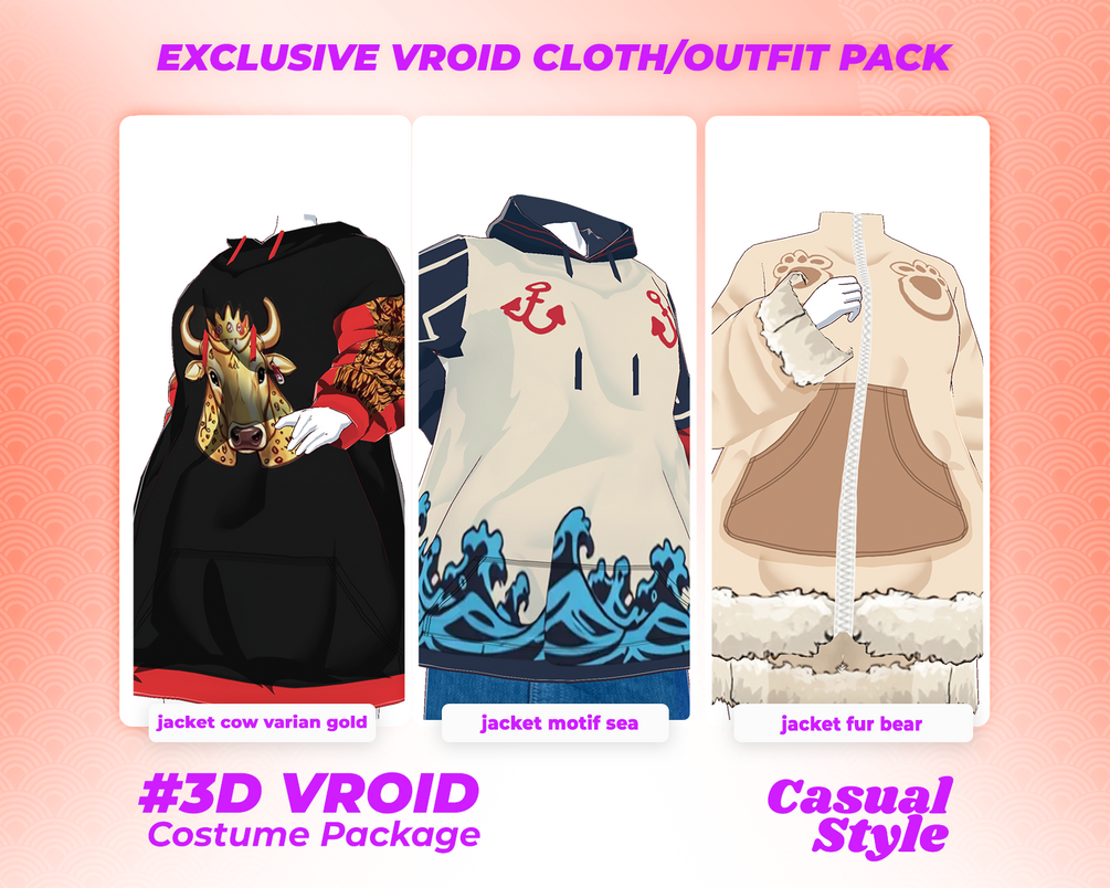 3D VRoid Clothing Pack | Warrior Cow Hoodie, Ocean Wave & Bear Fur ...