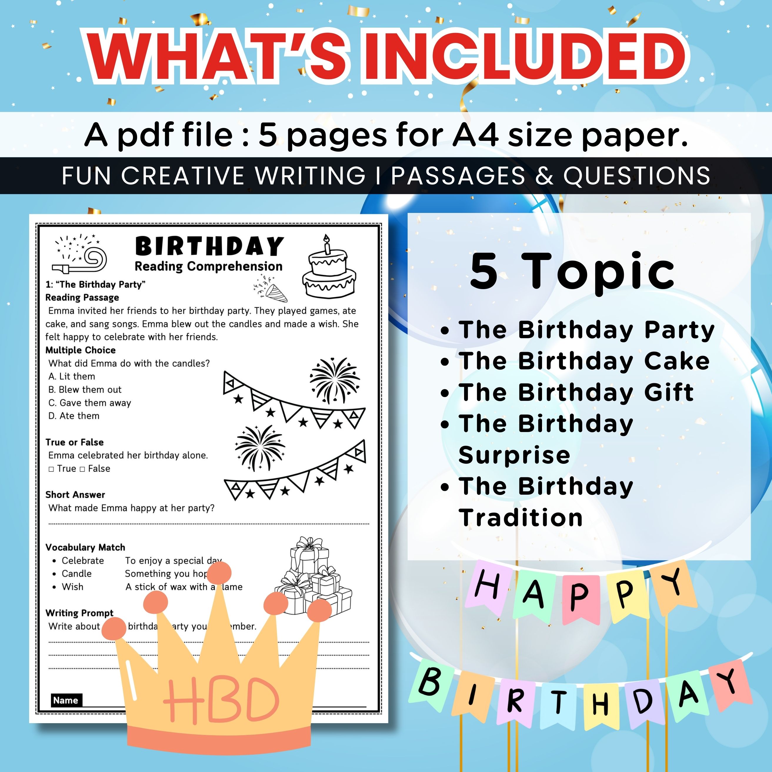 Birthday Reading Comprehension Worksheets | Passages with Questions ...