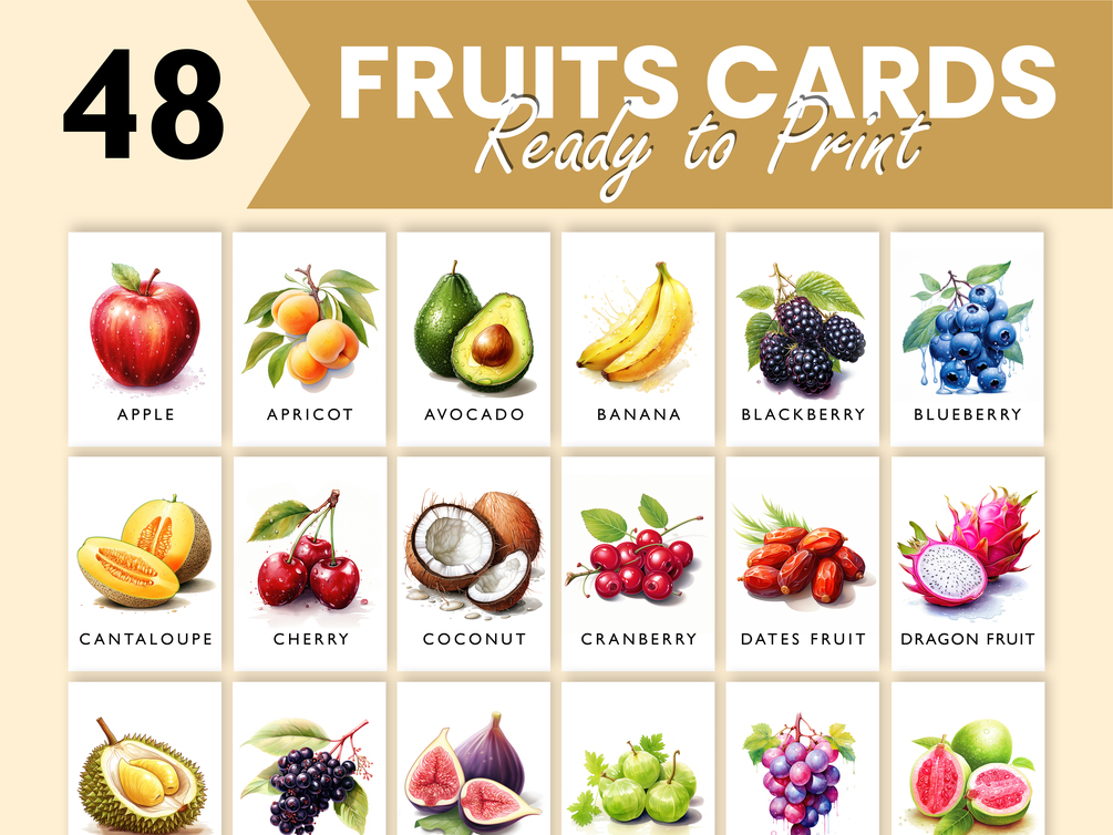 48 Fruit Flash Cards Set | Watercolor Vector Styles | Printable Digital ...