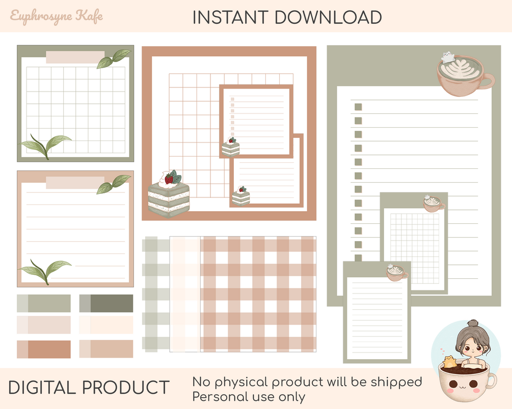 Matcha Latte Set | Sticker Note, Memo Sheet Digital PNG | Printable ...
