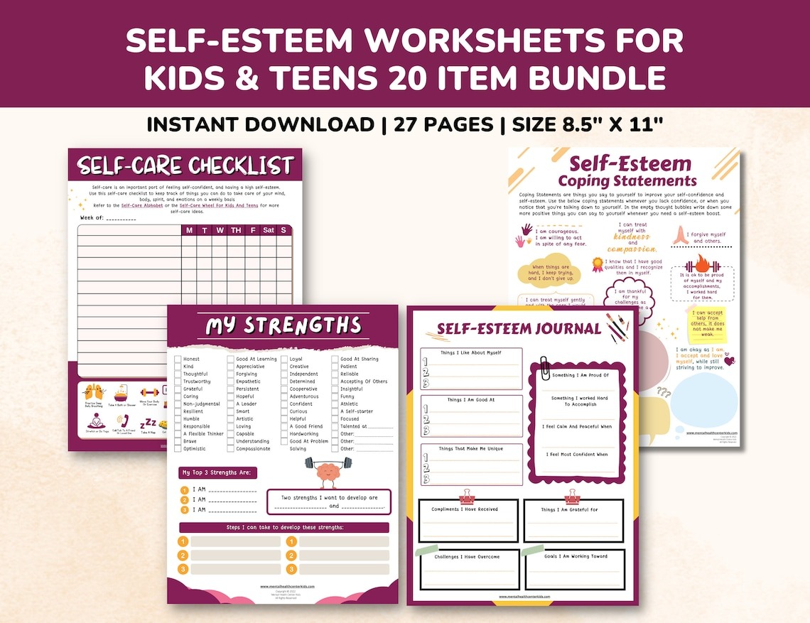 Self-Esteem Worksheets 20 Item Printable Bundle for Kids & Teens-Mental ...
