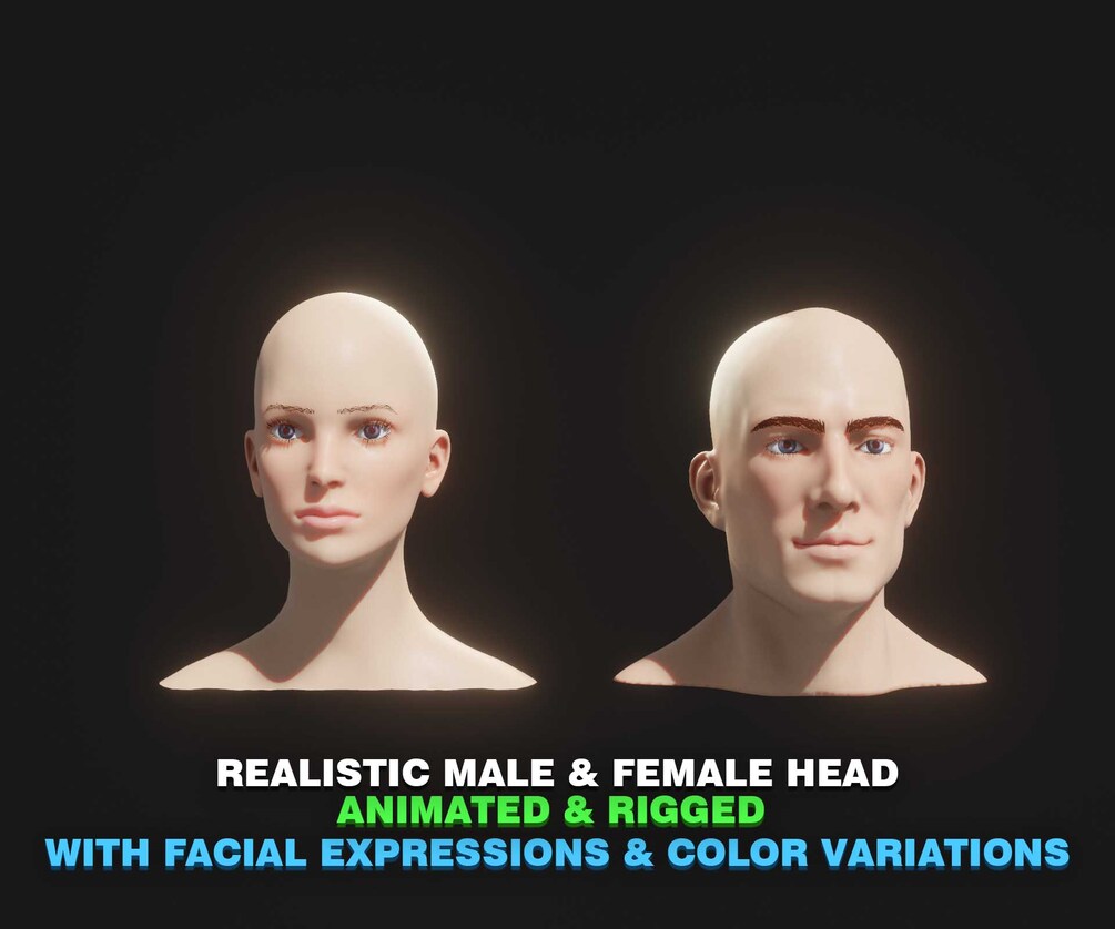 Realistic Male and Female Head 3D Model Animated with Facial Expressions