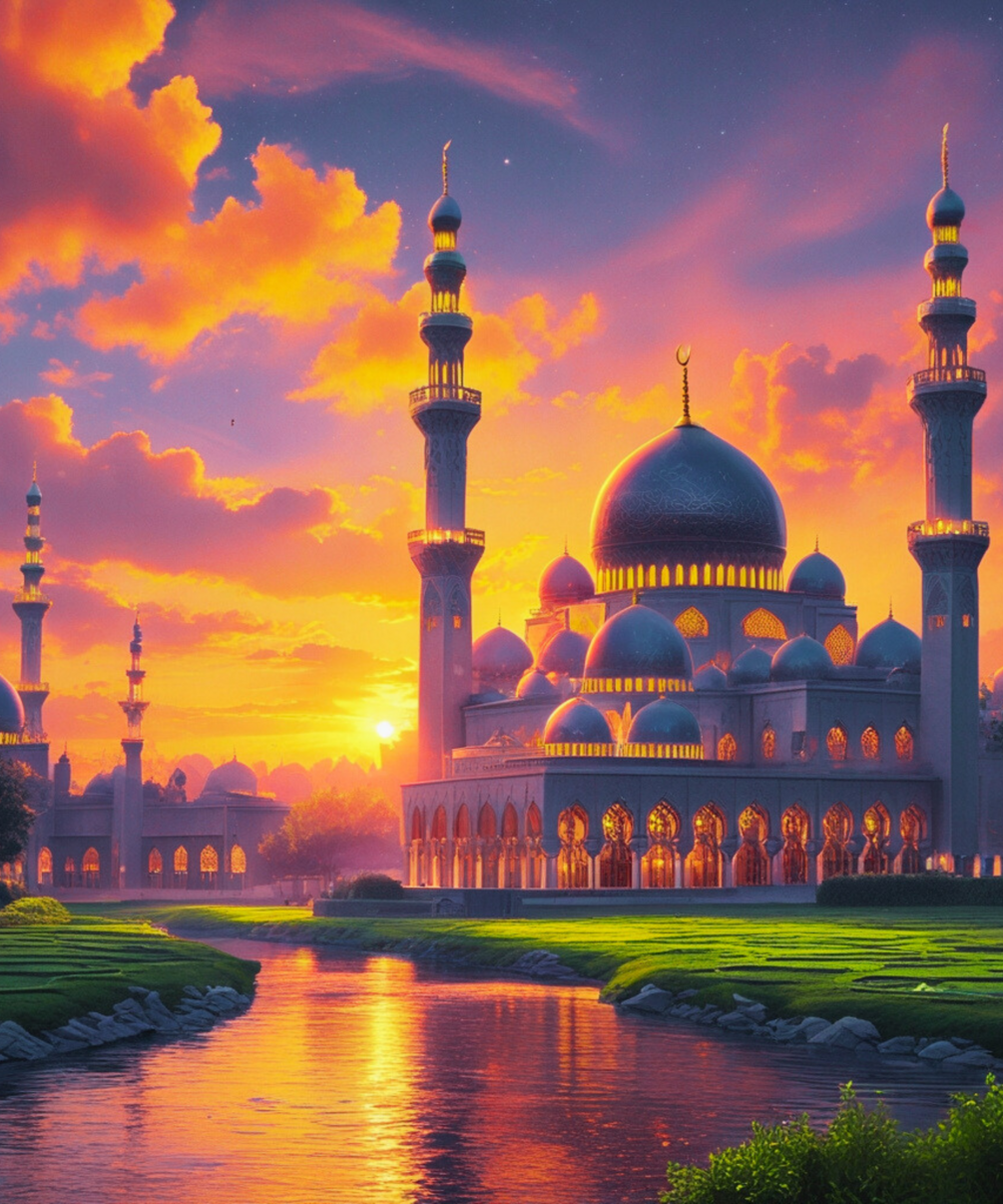 Majestic Islamic Scenery – Sunset Mosque & Jannah-Inspired Landscape ...