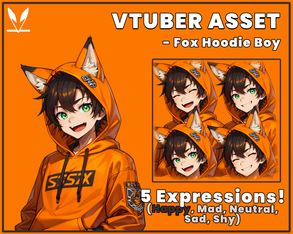 PNGTuber - Fox Hoodie Boy with 5 Expressions ready to go. Good For ...