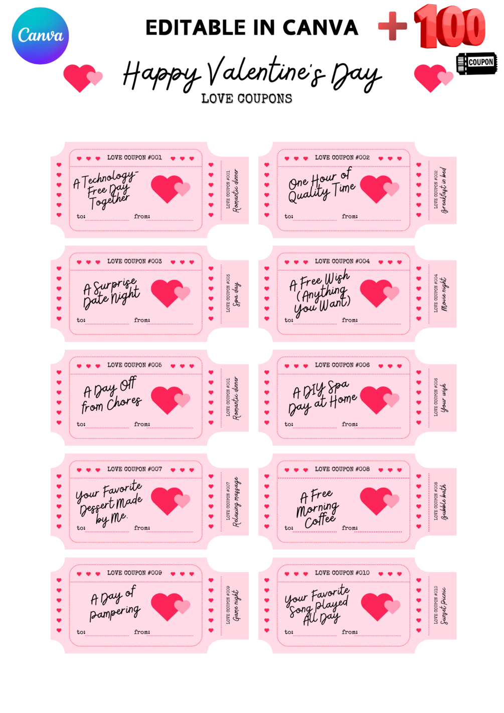+100 Personalized Love Coupons for Valentine’s Day | Editable Canva ...
