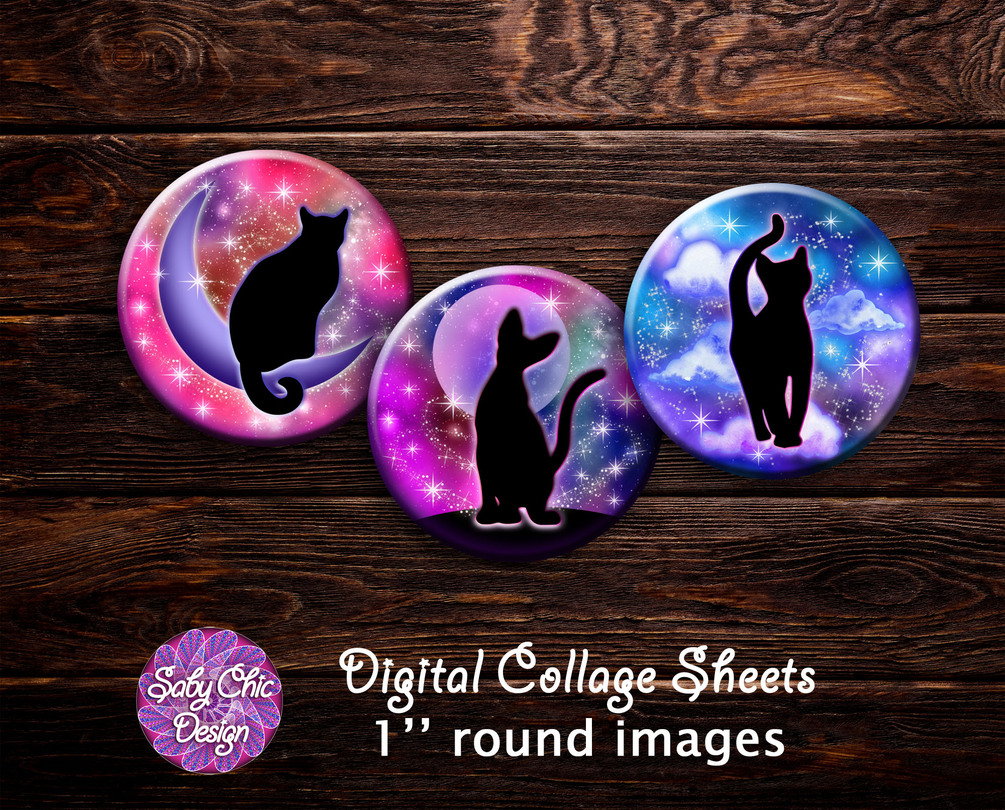 Printable Galaxy Cats - 1 inch round images - Digital Colage Sheet