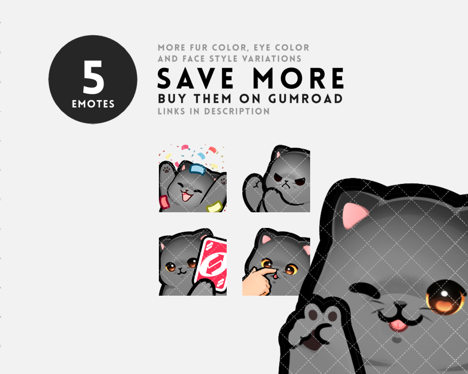 CHONK CAT EMOTES - EYE STYLE 1 - GRAY FUR - 4 EYE COLOR VARIATIONS