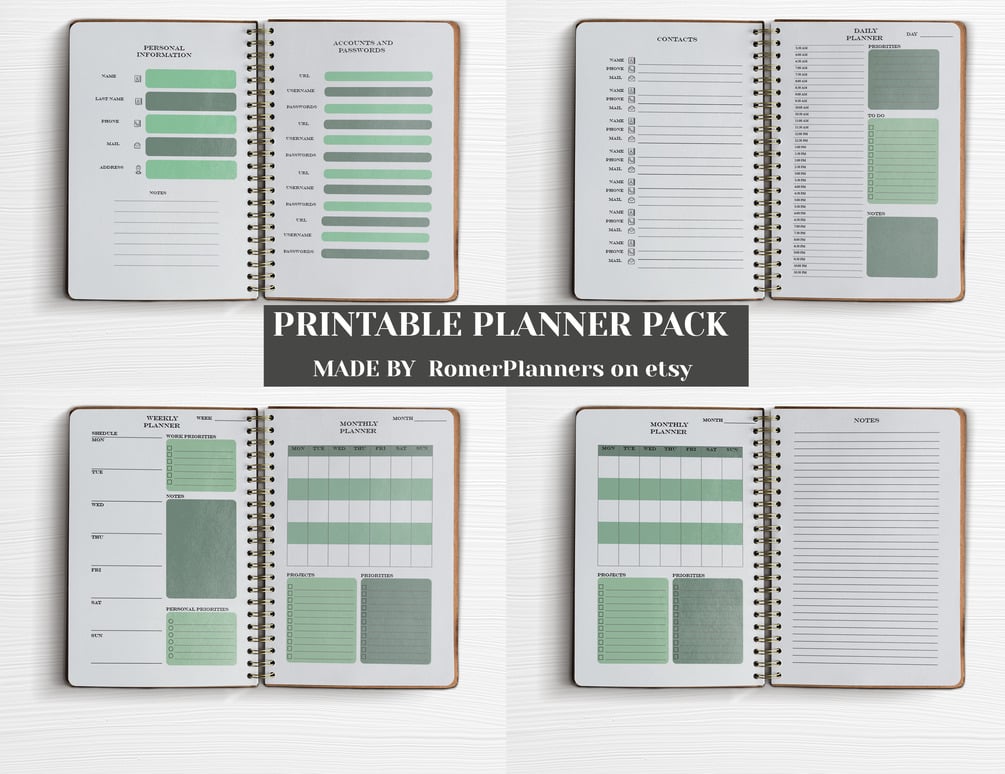 Green Daily Planner, Green Weekly Planner, Green Monthly Planner, Green ...