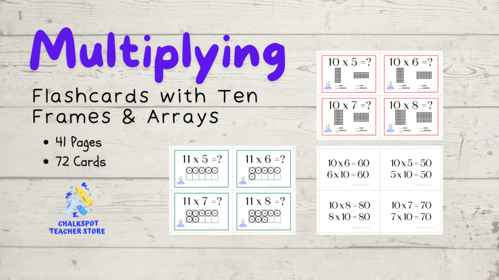 Multiplication Facts 10-12 Flashcards: Ten Frames, Arrays, & Answers