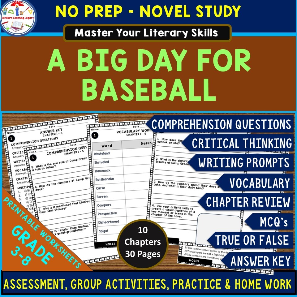 A BIG DAY FOR BASEBALL Novel Study Comprehension, Critical Thinking ...