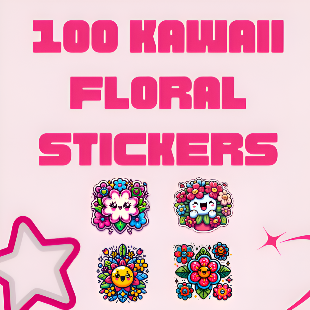 100 Kawaii Floral Digital Stickers / PNG Files