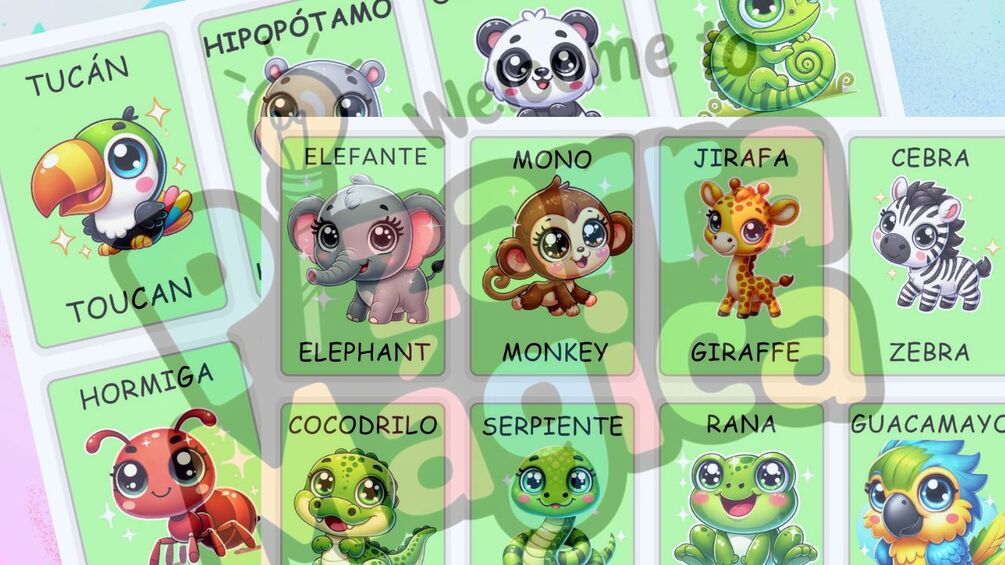 🌟 Flashcards Bilingües de Animales de la Selva (Español-Inglés)