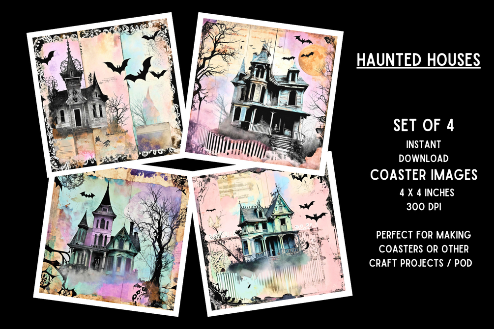 HAUNTED HOUSES - Coaster Images - Set of 4 - Instant Download