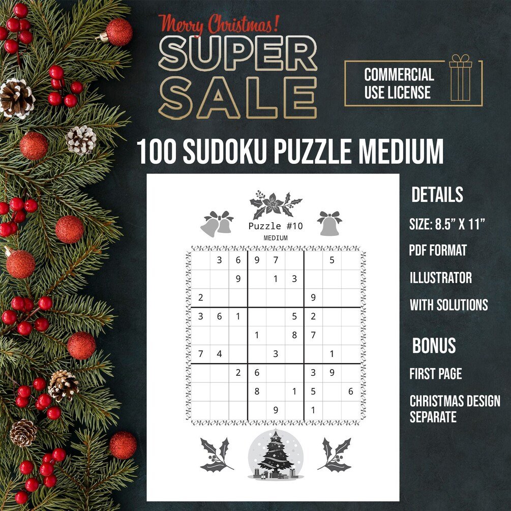 100 Page Printable Sudoku Puzzle Book Christmas | Amazon KDP Interiors ...