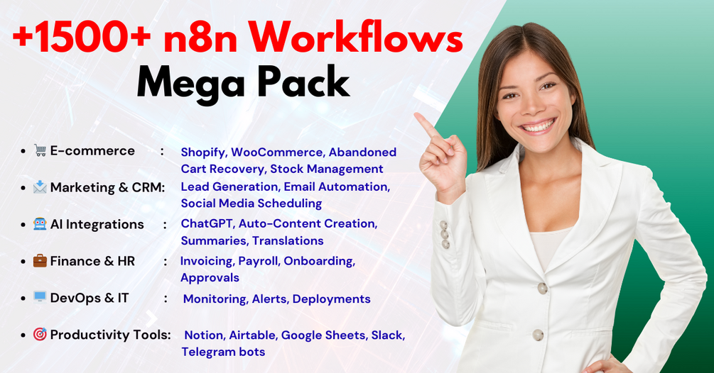 Mega Pack: 1500+ n8n Workflows | Automate Marketing, E-commerce, AI, Finance & More