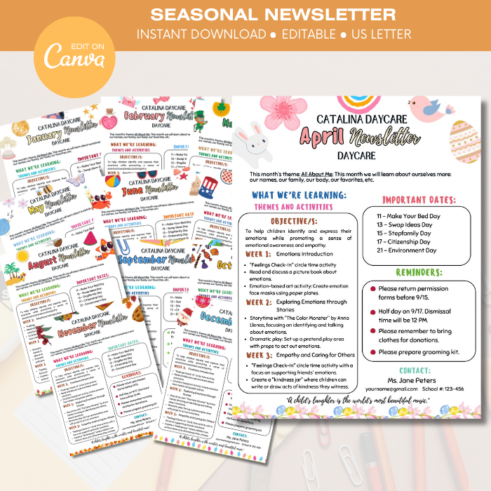 Seasonal Classroom Newsletter Template, 12 Monthly Newsletter Templates ...