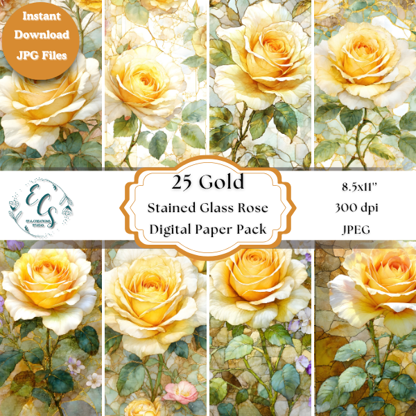 Stained Glass Rose Printable Paper | 25 Floral 8.5x11 Backgrounds ...
