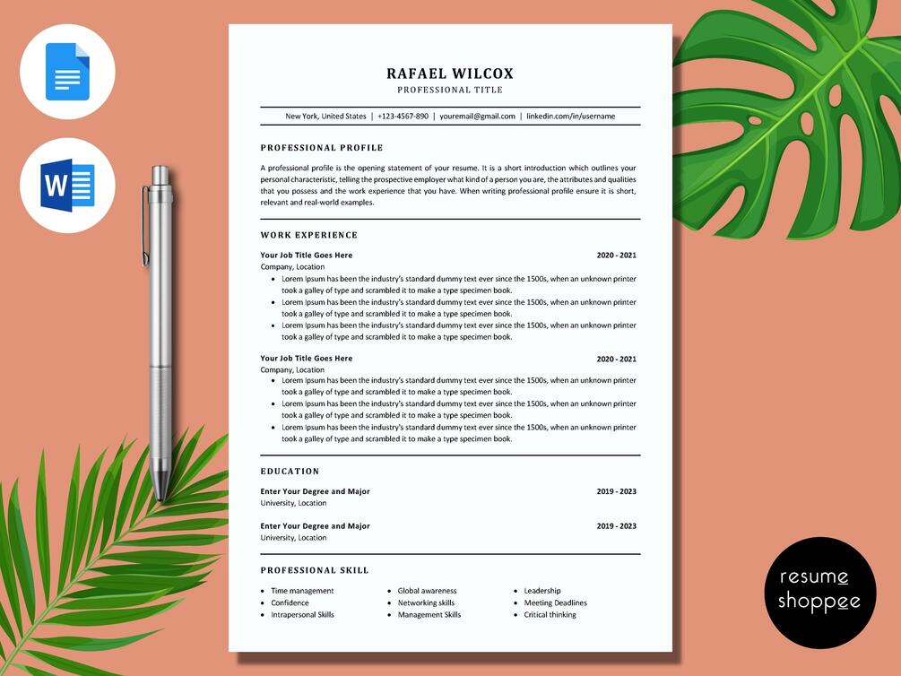 ATS Friendly Resume Template for Word & Google Docs | Resume 2 Pages ...