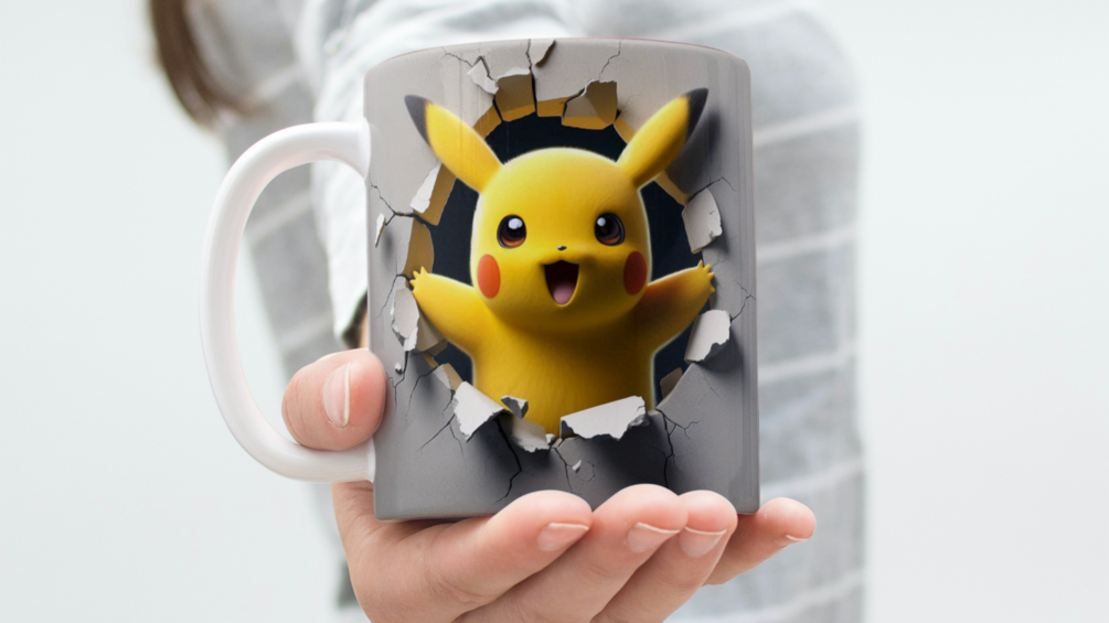 3D Effect Pikachu Cartoon Character Mug Wrap, 11 oz & 15 oz Mug Bundle ...