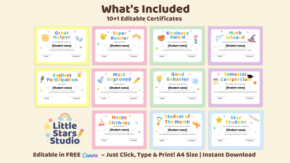 Student Certificate Bundle (10+1 Bonus) – Editable in Canva | A4 Printable