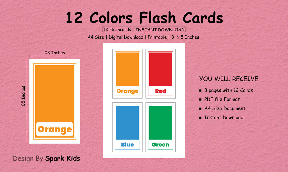 Color Flashcards for Kids 3x5 Inches – 12 Basic Colors (Printable PDF)