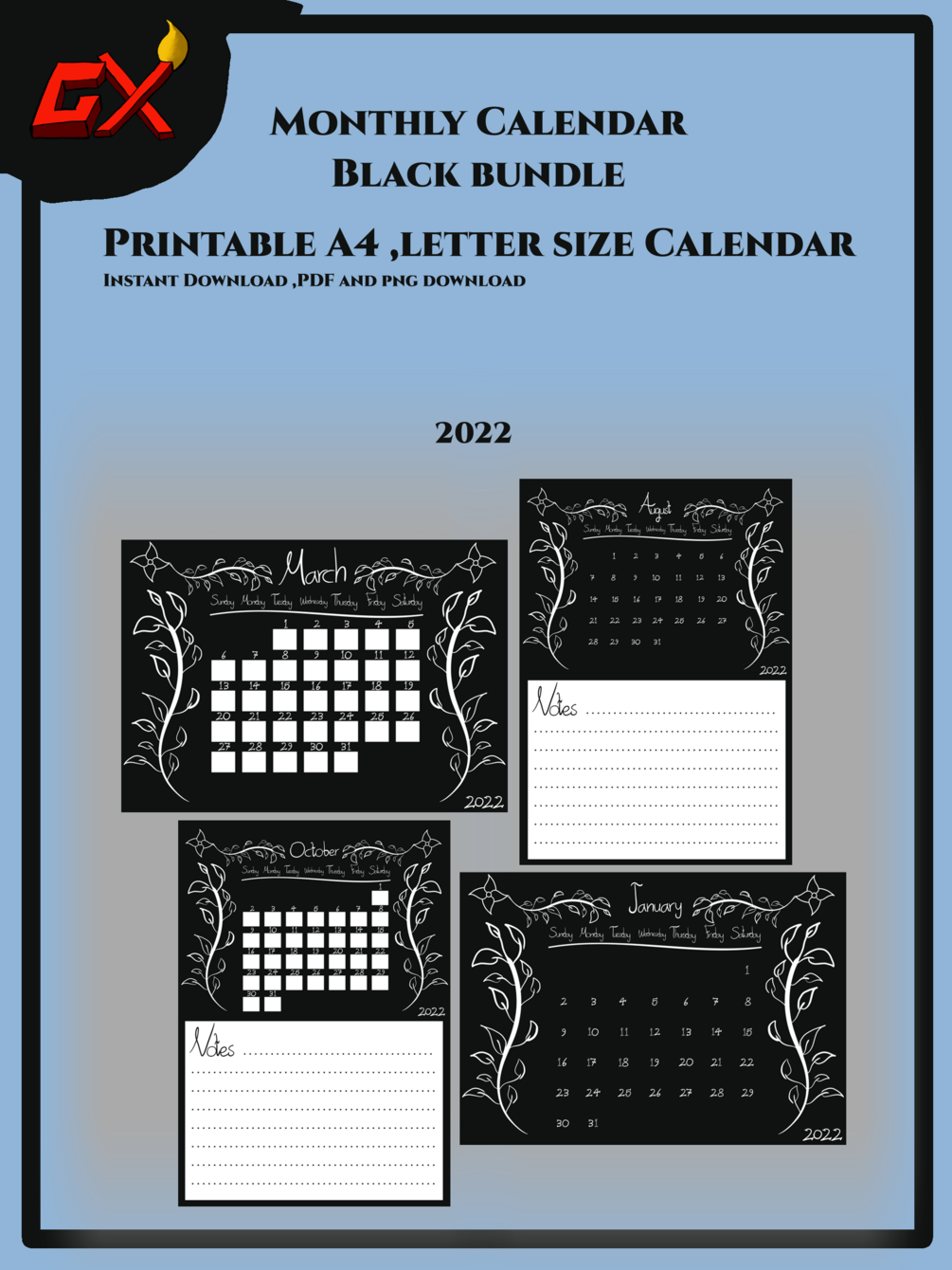 2022-2023 Calendar bundle ,Minimalist design ,Simple ,Flowers ,Monthly ...