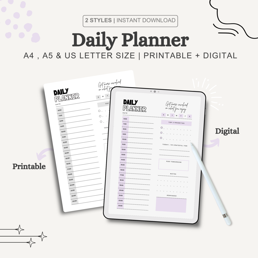 daily printable planner or digital planner A4, A5, & Us Letter size