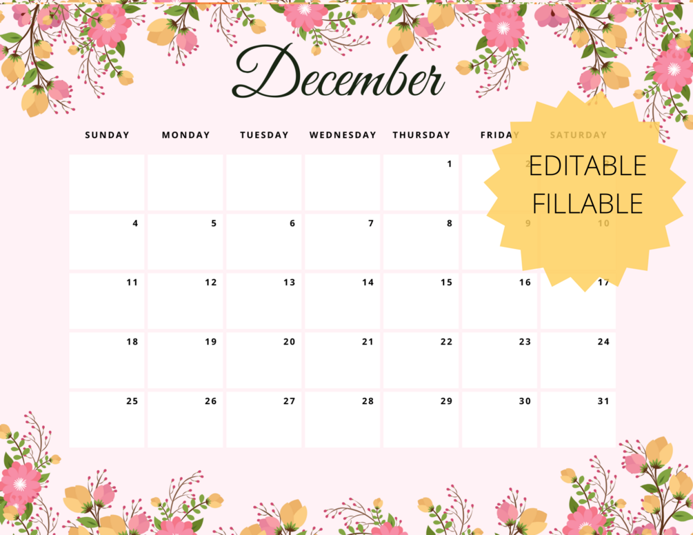 Editable December 2022 Calendar Printable - Floral Calendar 2022 ...