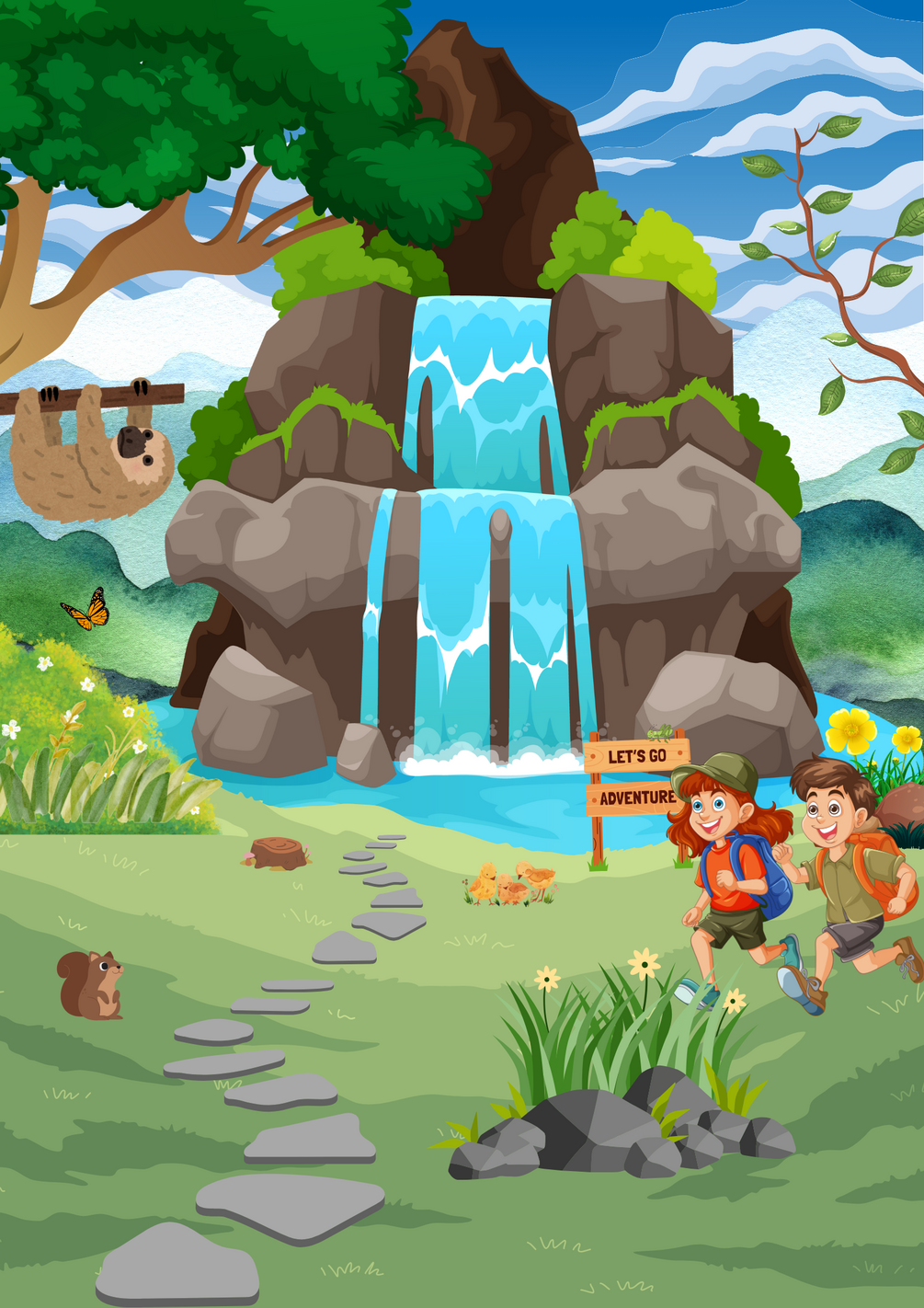 Nature Hike Wall Art – Fun Animal & Waterfall Scene