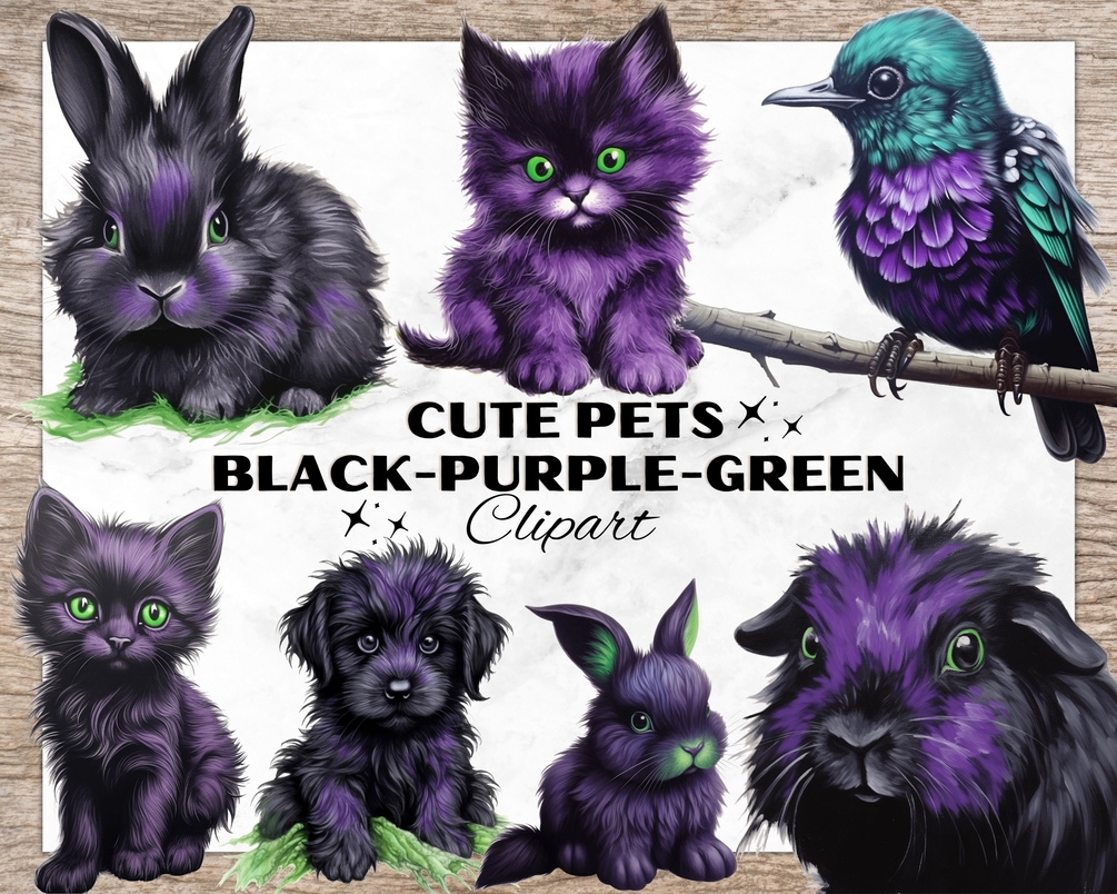 15 Cute Pets PNG, Pets Watercolor Clipart, Black Purple Green Pets ...