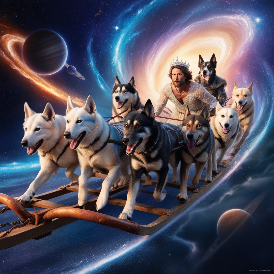 a breathtaking, cinematic photograph depicting a magical dog sled, with ...