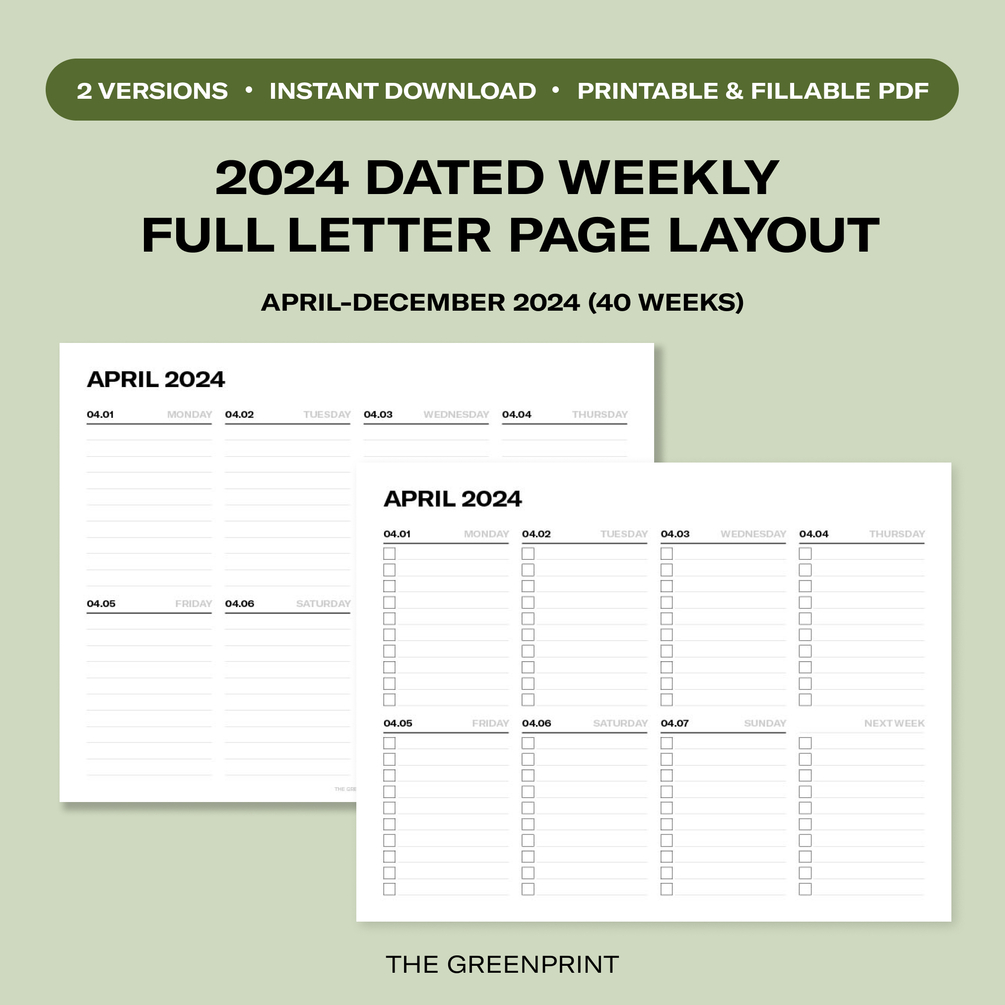 2024 Dated Printable & Fillable Weekly Overview, Sunday & Monday Start