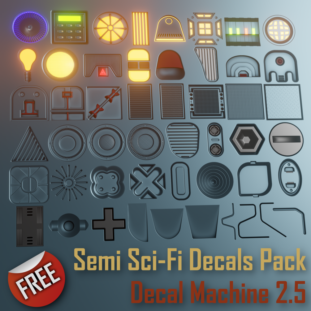 50 Semi sci-fi hard surface decals pack. Decal Machine 2.5 Ready.