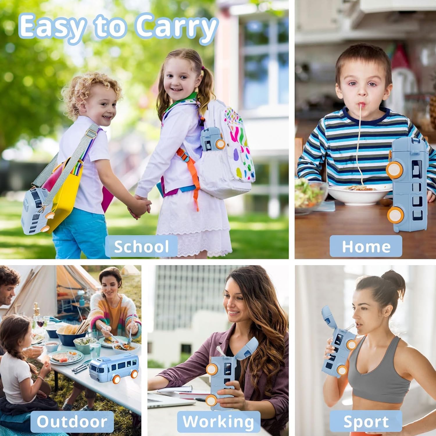 Bus Straw Water Cup, 16oz Summer Cute Bus Water Bottle with Shoulder ...