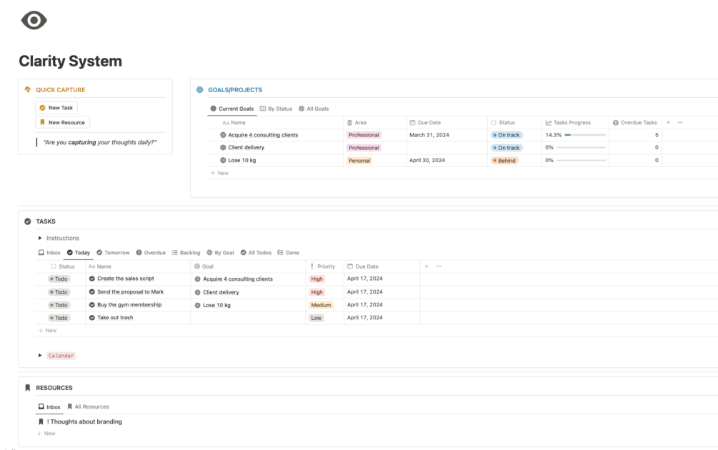 Clarity System for Entrepreneurs (Notion) - Sample for your project