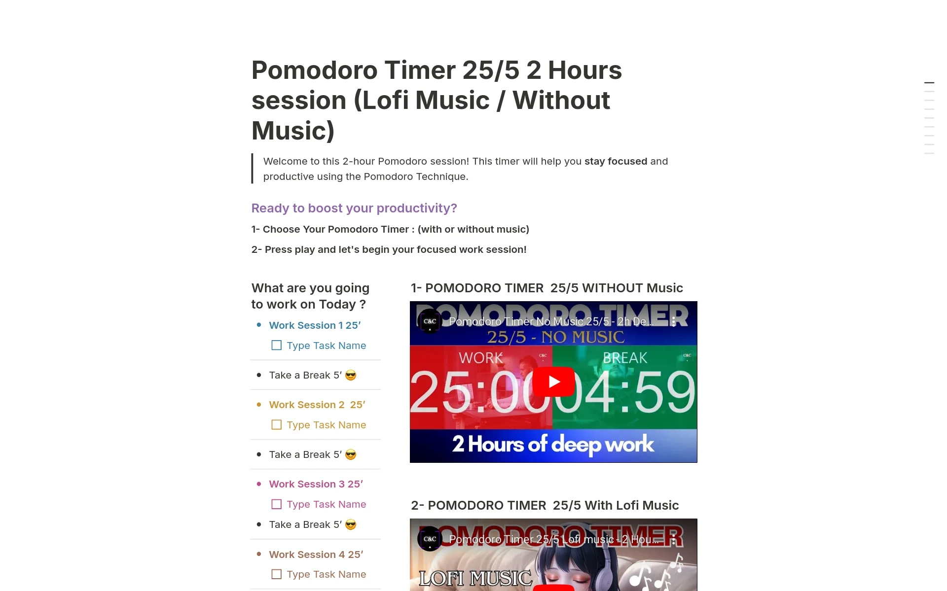 Pomodoro Timer 25/5 2 Hours Deep work Session Notion Template