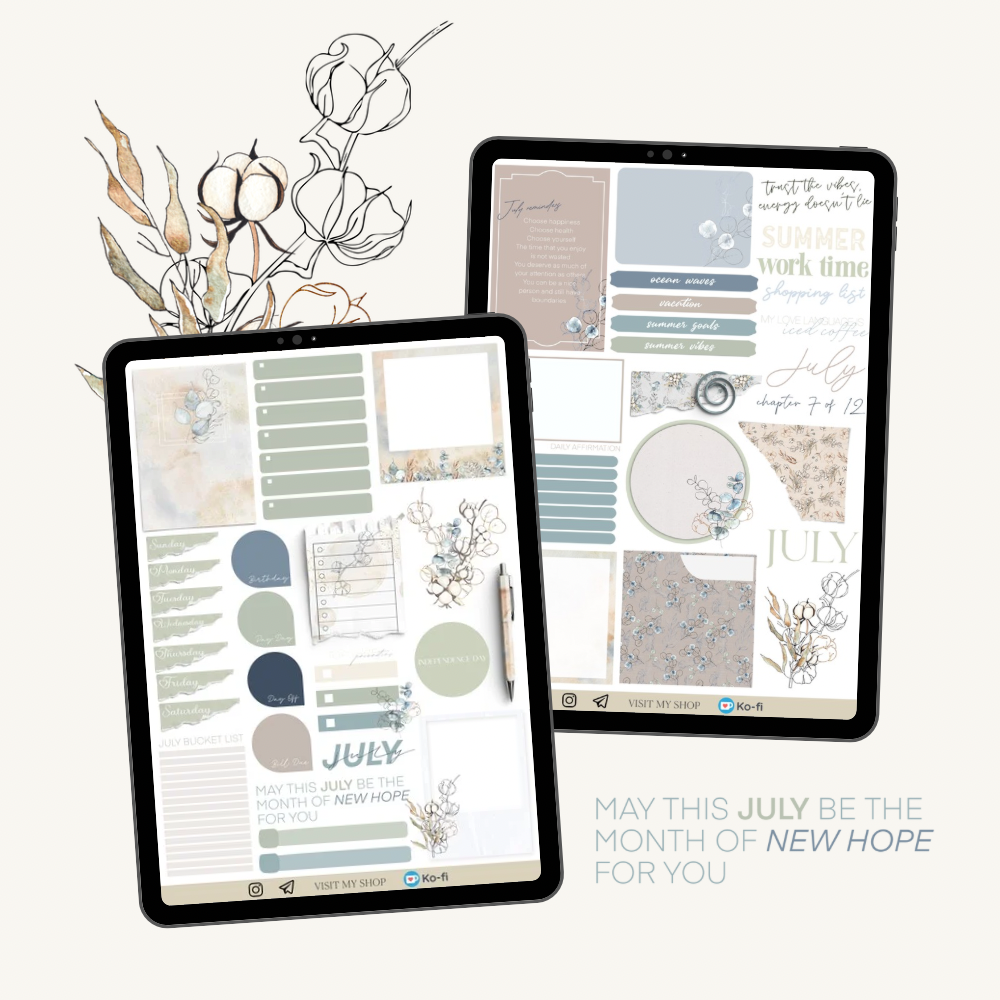 July Cotton stickers, GoodNotes & PNG
