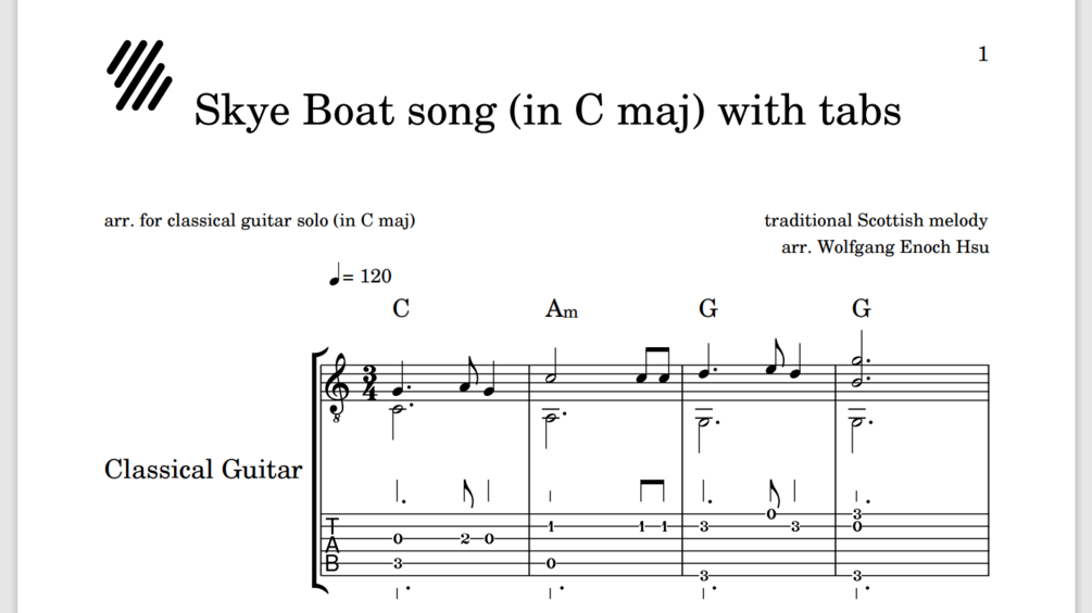Skye Boat Song (in C maj) guitar sheet music