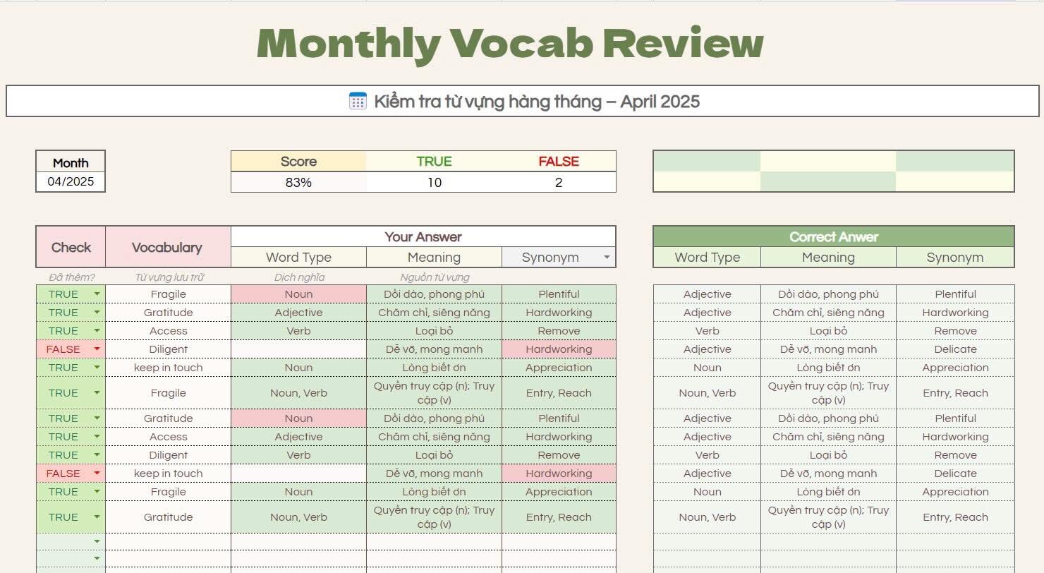 Google Sheets Template - Vocabulary Tracker