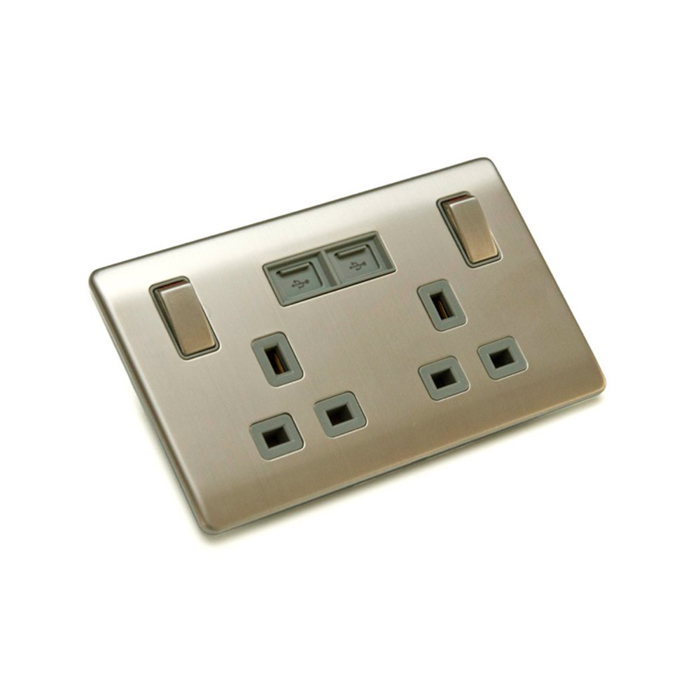 FYM - 13A 2GANG SP SWITCHED SOCKET OUTLET WITH USB A+A, Brushed Steel ...