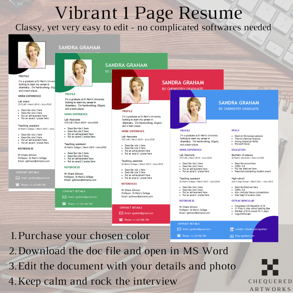 Simple Vibrant 1 Page CV Resume Templates | Only MS Word needed to Edit ...